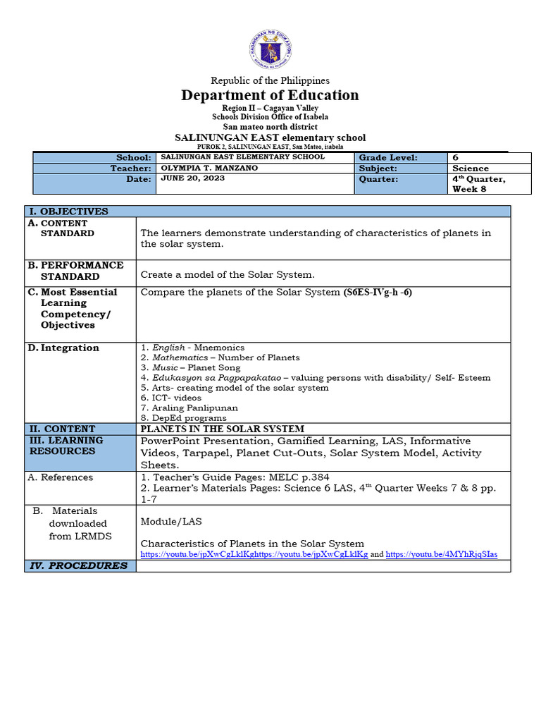 Detailed Lesson Plan in Science 6 SOLAR SYSTEM 2 | PDF | Planets ...