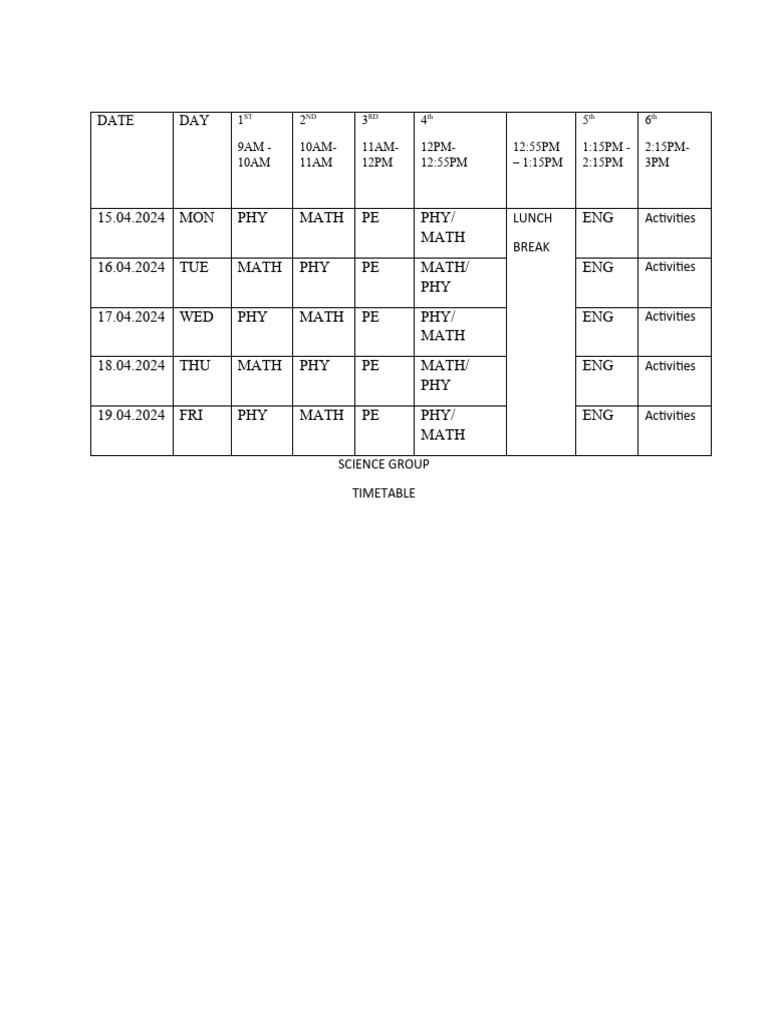 Grade Xii Science Group Timetable | PDF