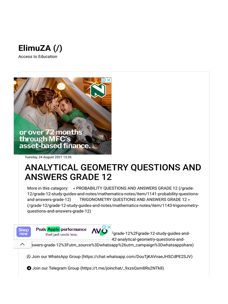 Analytical Geometry Questions and Answers Grade 12 | PDF | Circle ...