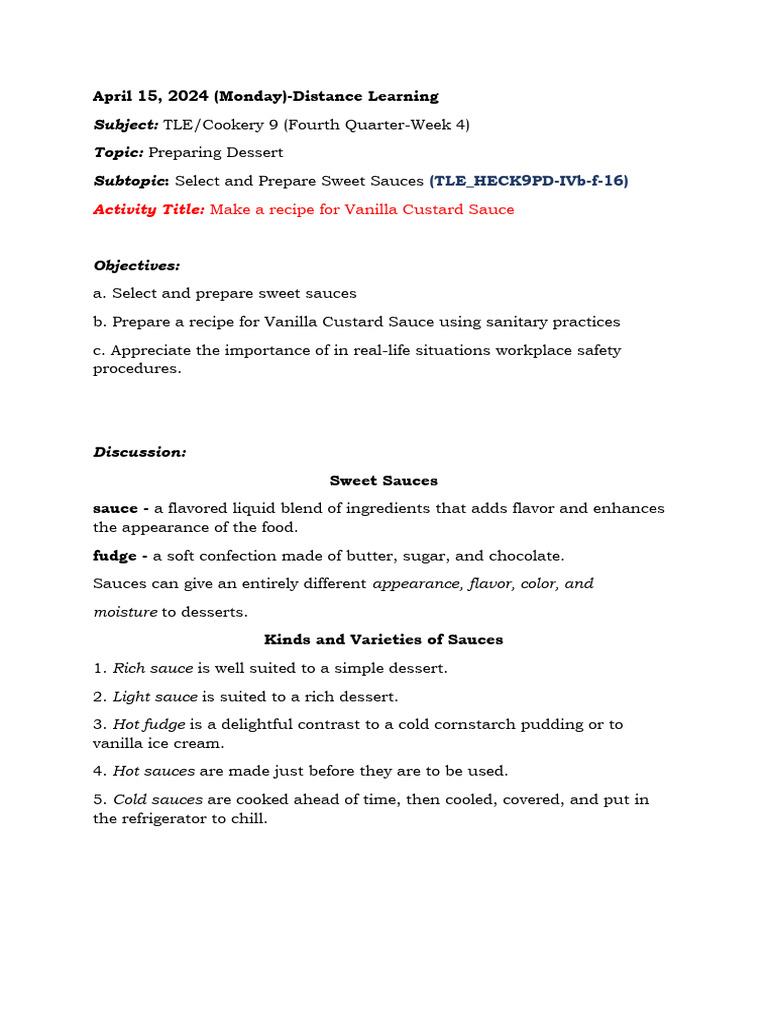 Cookery 9. Fourth Quarter WK 3 | Download Free PDF | Desserts | Custard