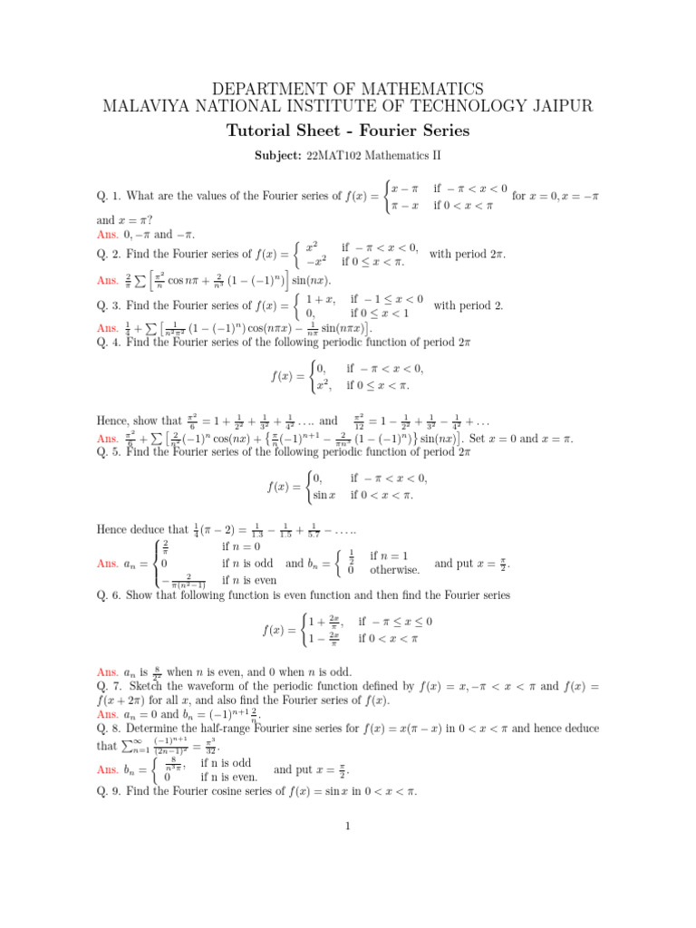 Ans_22MAT102__2023_24__Tutorial_Fourier_Series | PDF