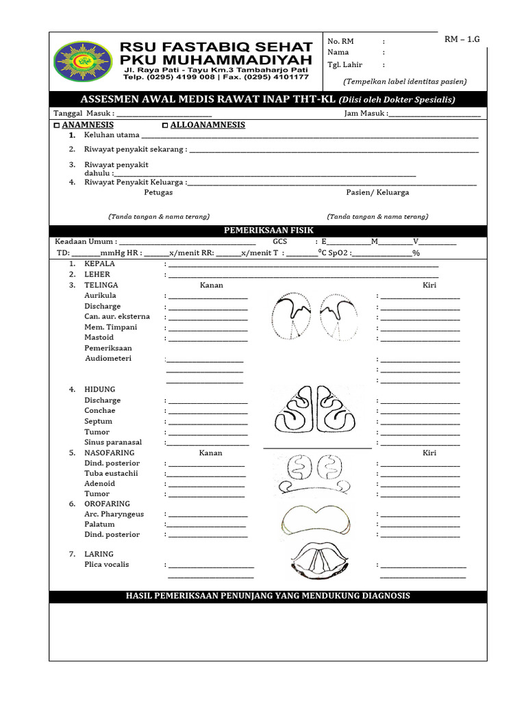 RM - 1.G Asesmen Awal Medis Rawat Inap Medis THT-KL | PDF