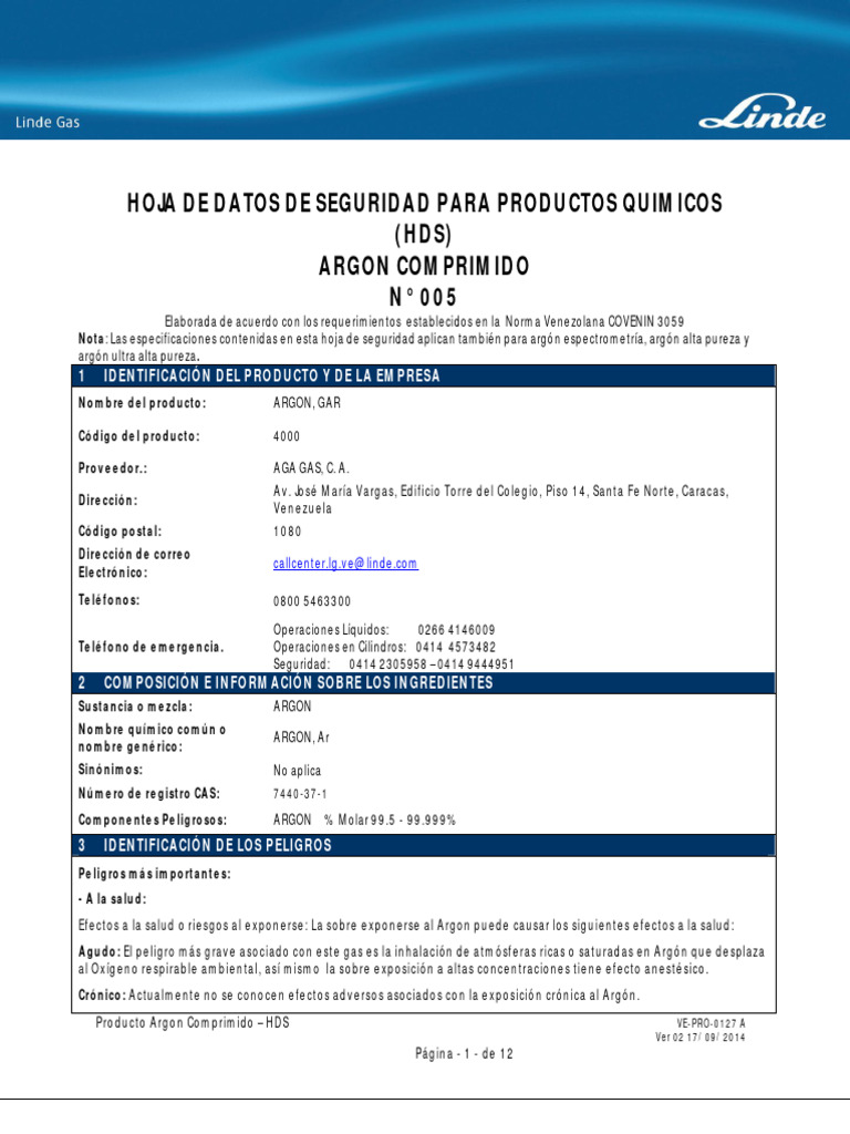HDS 005 Argon Comprimido Ver 02312 - 400048 | PDF | Oxígeno | Argón