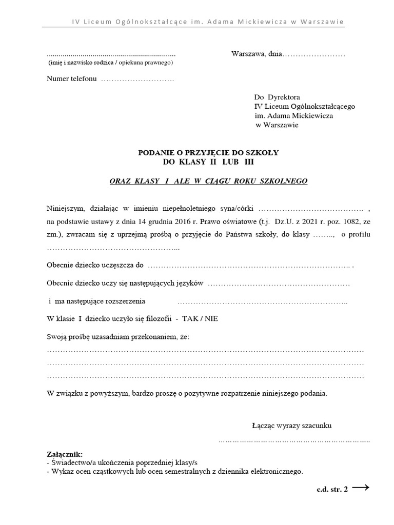 Podanie Do Dyrekcji o Przyjęcie Do Klasy Szkoły-Uczeń Niepełnoletni 2022-2023 Iod 1 | PDF