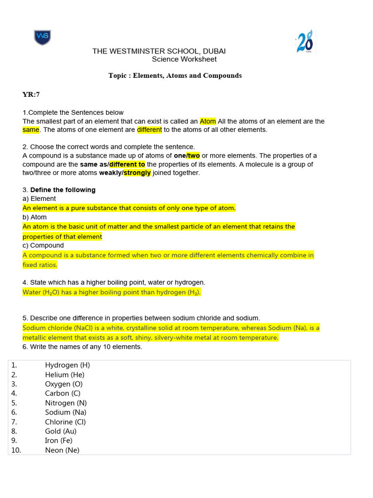Year 7 Elements and Compounds Worksheet | PDF | Chemical Compounds ...