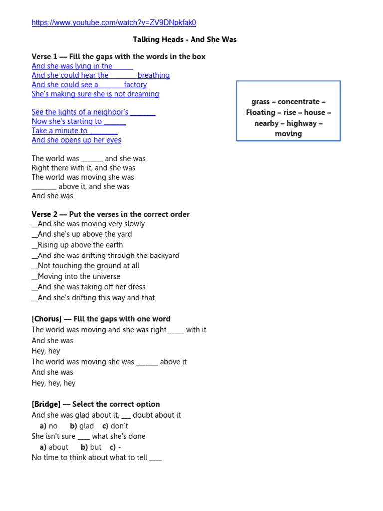 And She Was: Lyrics and Activities | PDF