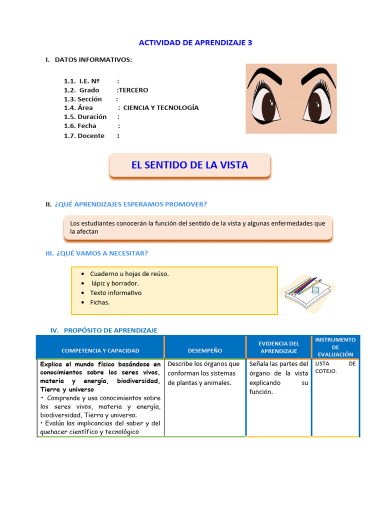 D3 A1 SESION EL SENTIDO DE LA VISTA 3er Grado | PDF | Evaluación ...