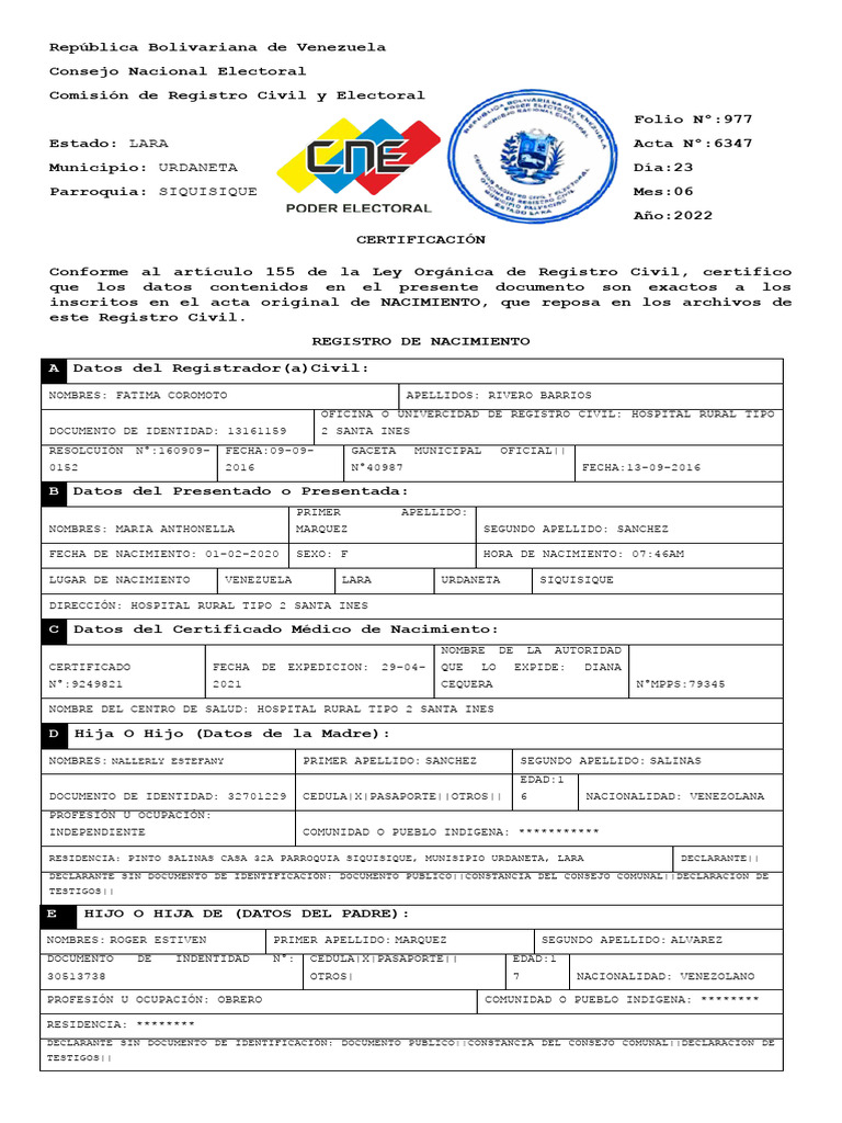 PARTIDA DE NACIMIENTO Maria Anthonella Marquez Sanchez | PDF | Documento de identidad | Justicia