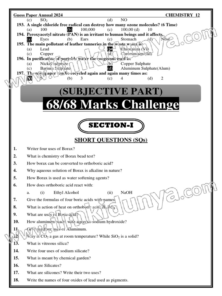 12th Class Guess Papers 2024 Chemistry Short | PDF | Aldehyde | Benzene