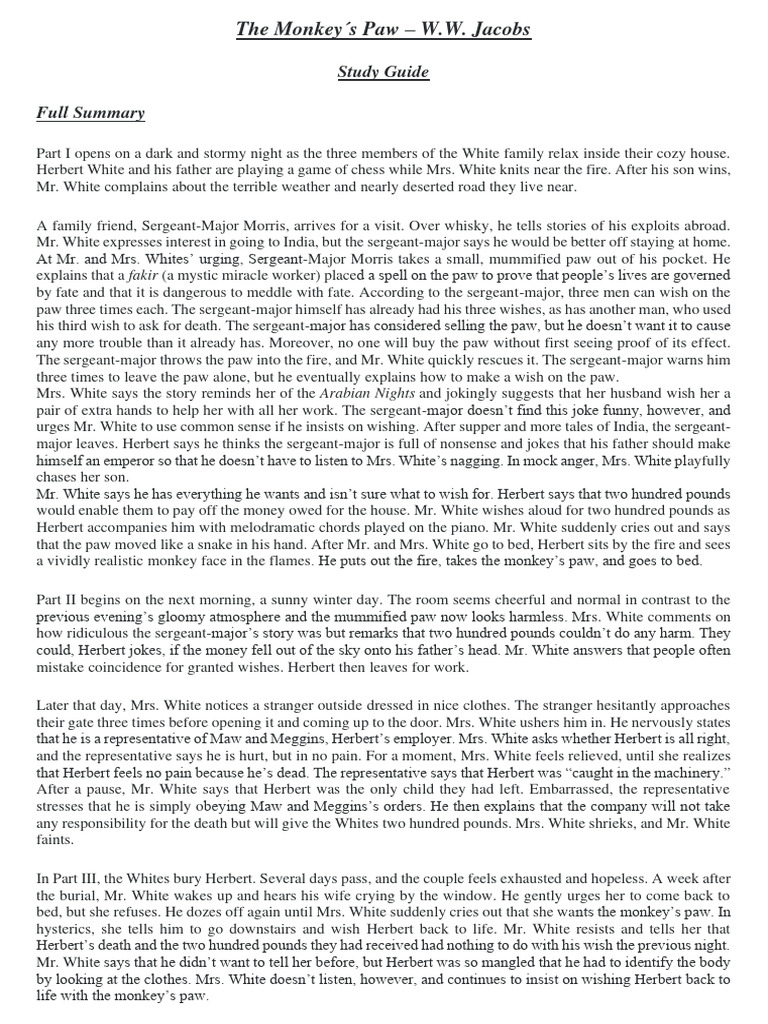 "The Monkey's Paw" Study Guide | PDF