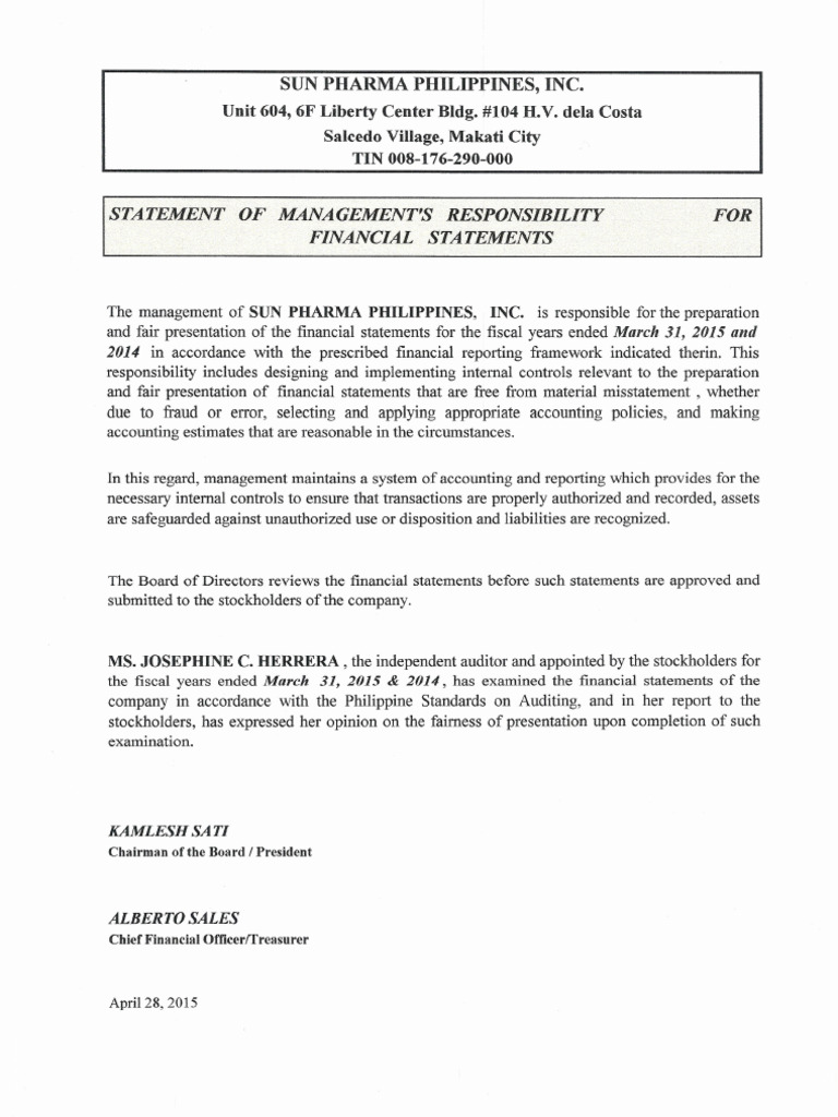 Sun Pharma Philippines Financial Statements | PDF | Financial Audit | Audit