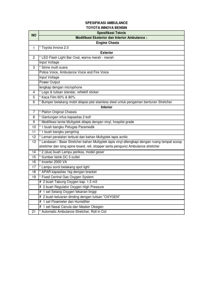 Toyota Innova Ambulance Specifications | PDF | Home & Garden ...