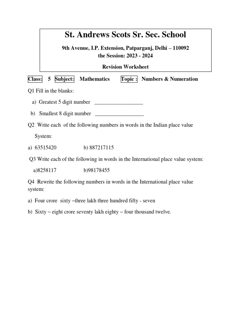 Maths- Unit-1 Numbers & Numeration Worksheet (v) | PDF