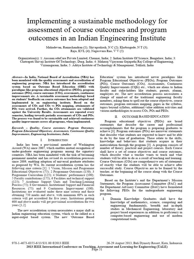 Implementing A Sustainable Methodology For Assessment of Course Outcomes and Program Outcomes in ...
