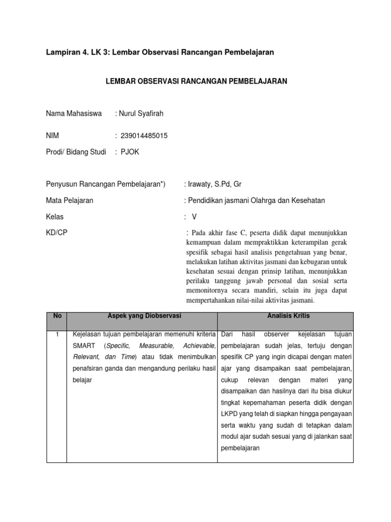 Lembar Observasi Rancangan Pembelajaran | PDF