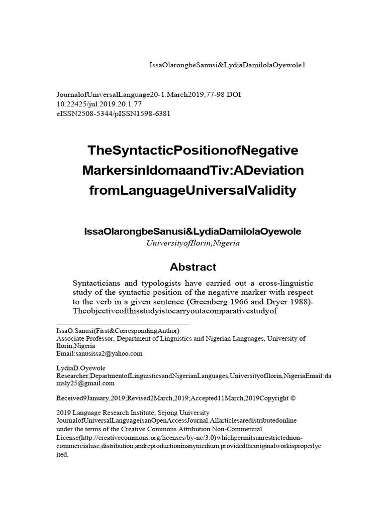 The Syntactic Position of Negative Markers in Idom | PDF | Linguistic ...