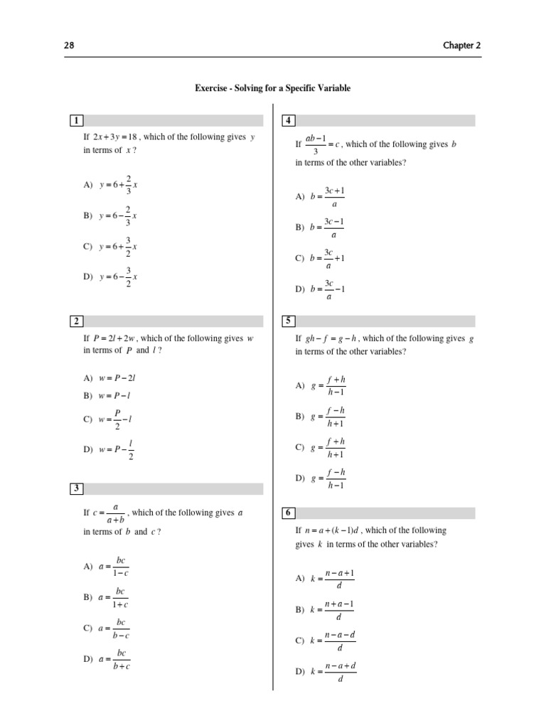 Exercise - Solving For A Specific Variable: X y Ab C | PDF