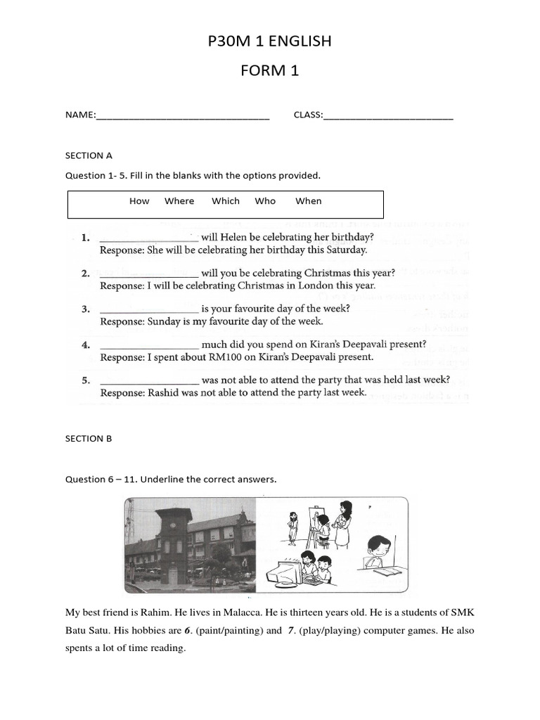 English Form 1 Practice Questions | PDF