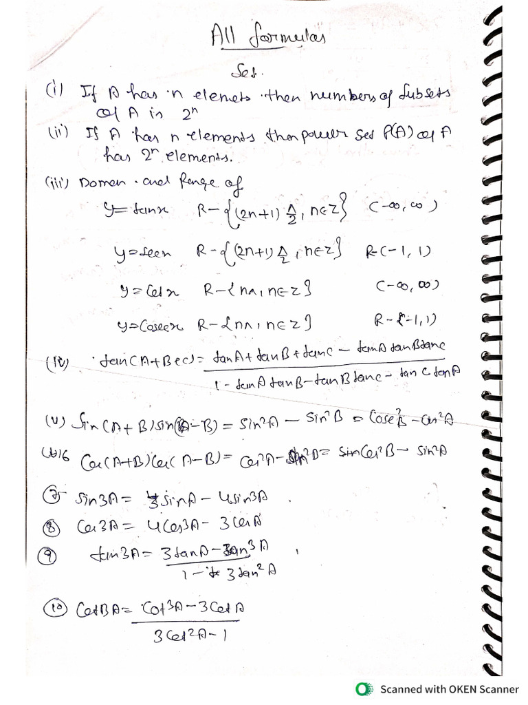Class 11 Important Formulas | PDF