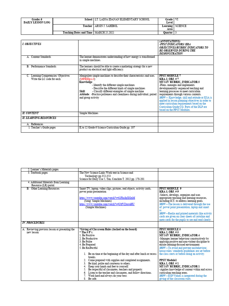 COT DLP Science 6 Simple Machines WITH ANNOTATIONS 1 | PDF | Learning | Curriculum