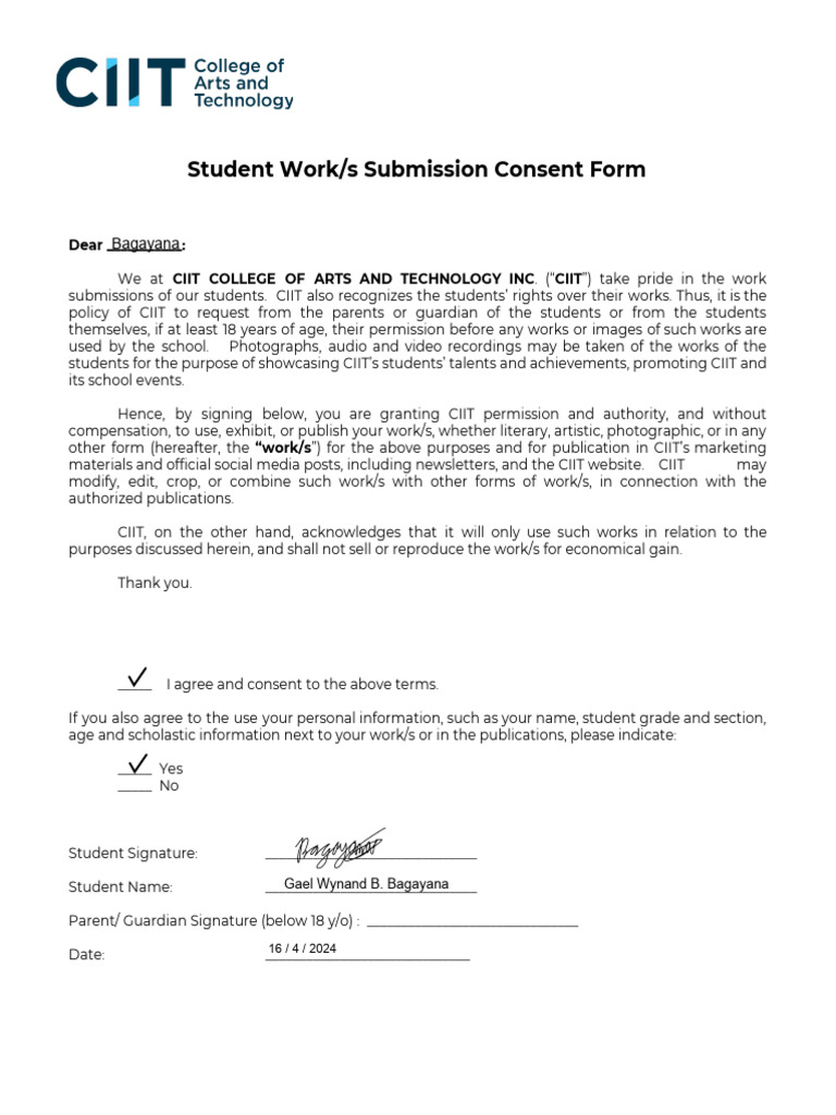 CIIT Student Work Submission Consent Form | PDF