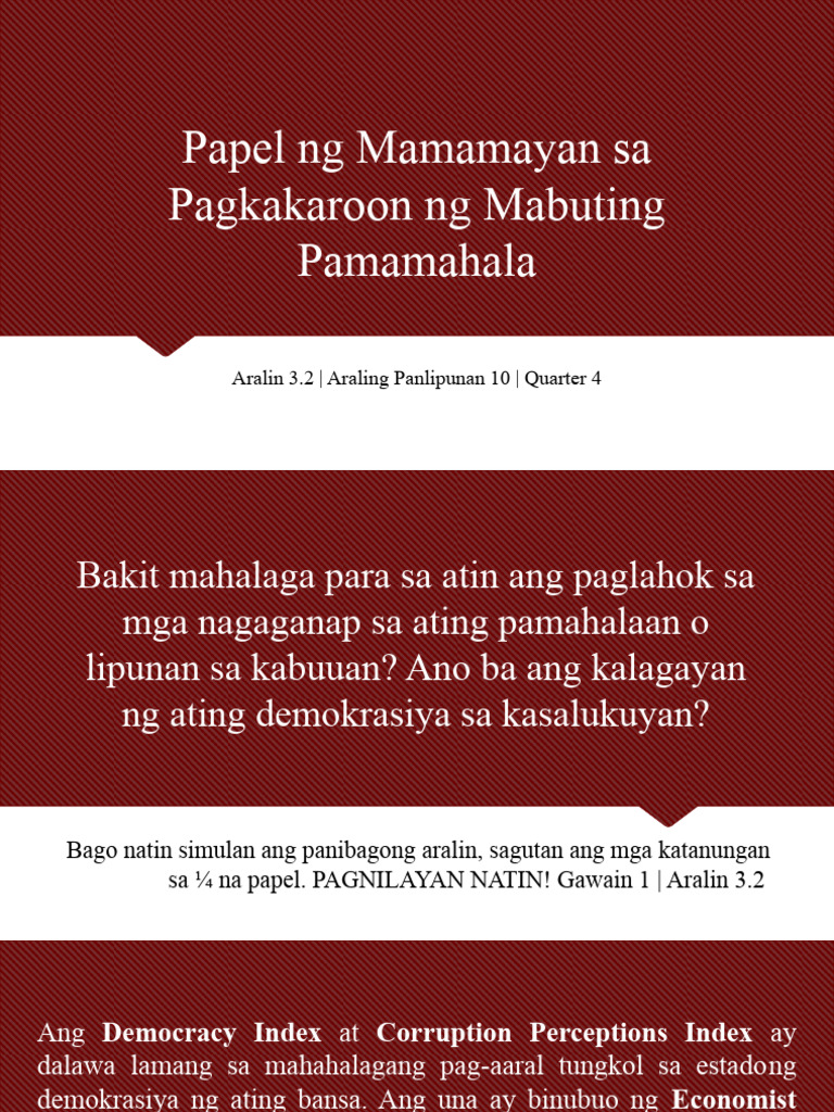 Papel Ng Mamamayan Sa Pagkakaroon Ng Mabuting Pamamahala | PDF
