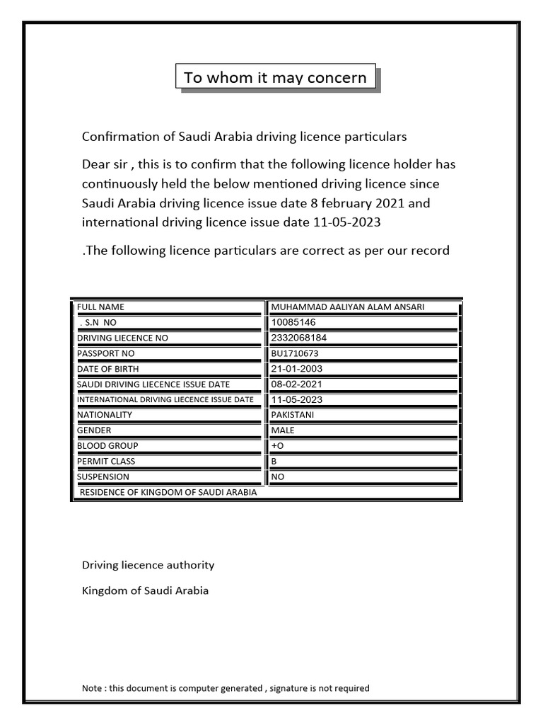 Saudi Driving License Confirmation Letter | PDF