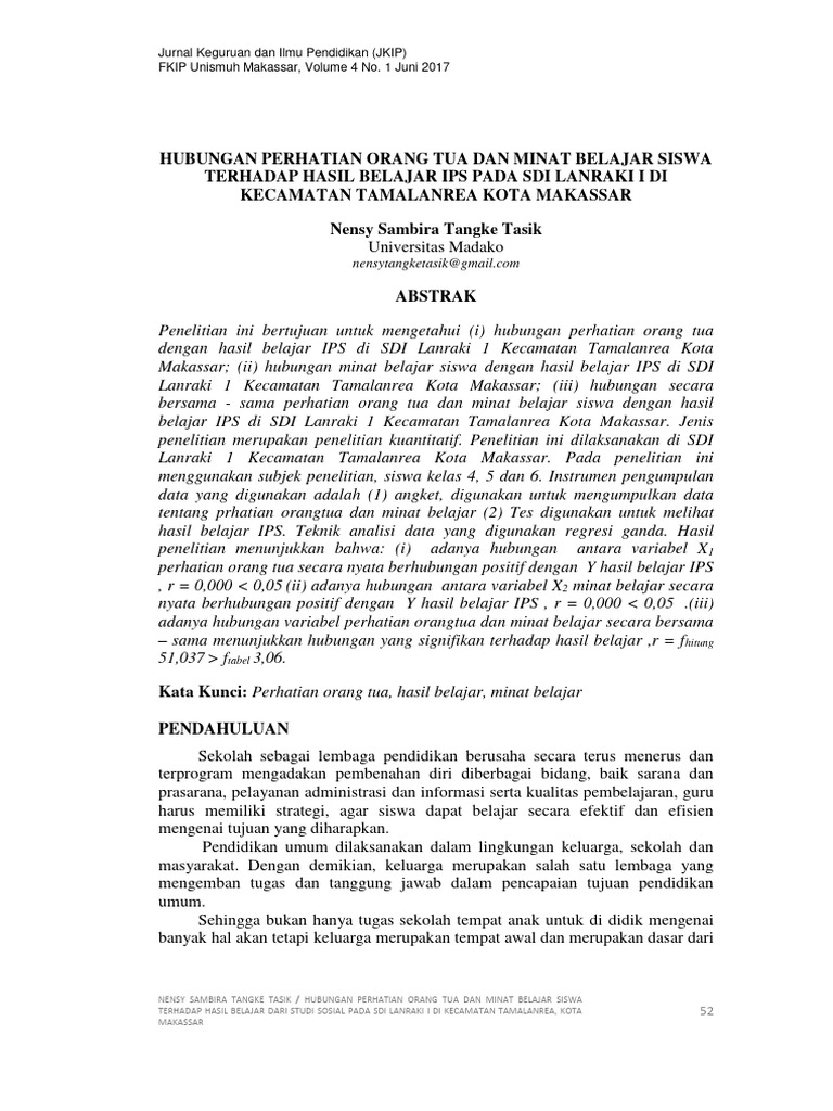 Hubungan Perhatian Orang Tua Dan Minat Belajar Siswa Terhadap Hasil Belajar Ips Pada Sdi Lanraki ...