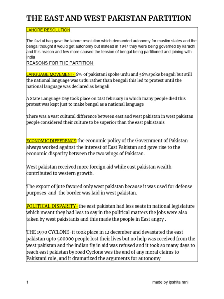 The East and West Pakistan Partition Notes | PDF | Pakistan | Bangladesh