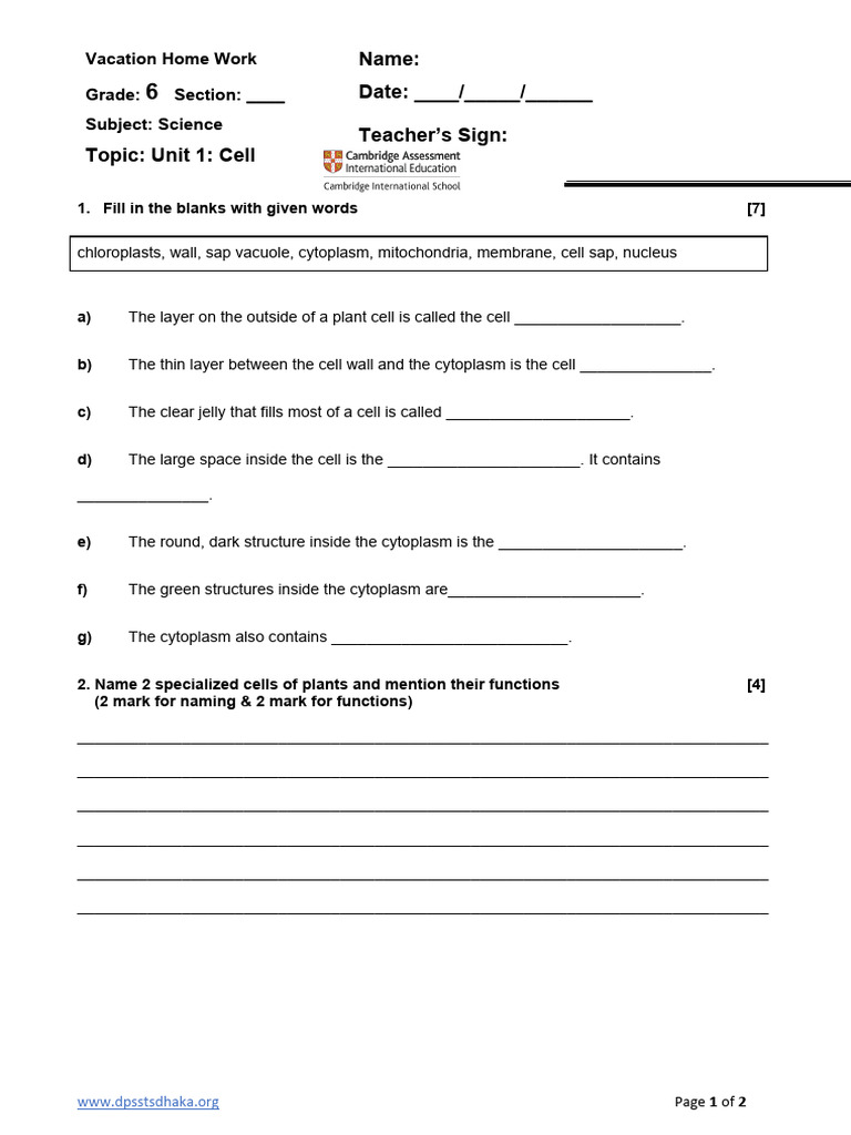 Name: Date: - / - / - Teacher's Sign: Topic: Unit 1: Cell | PDF | Cell (Biology) | Tissue (Biology)