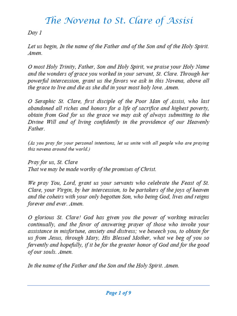 Novena to St. Clare: Daily Prayers | PDF | Mary, Mother Of Jesus | Prayer