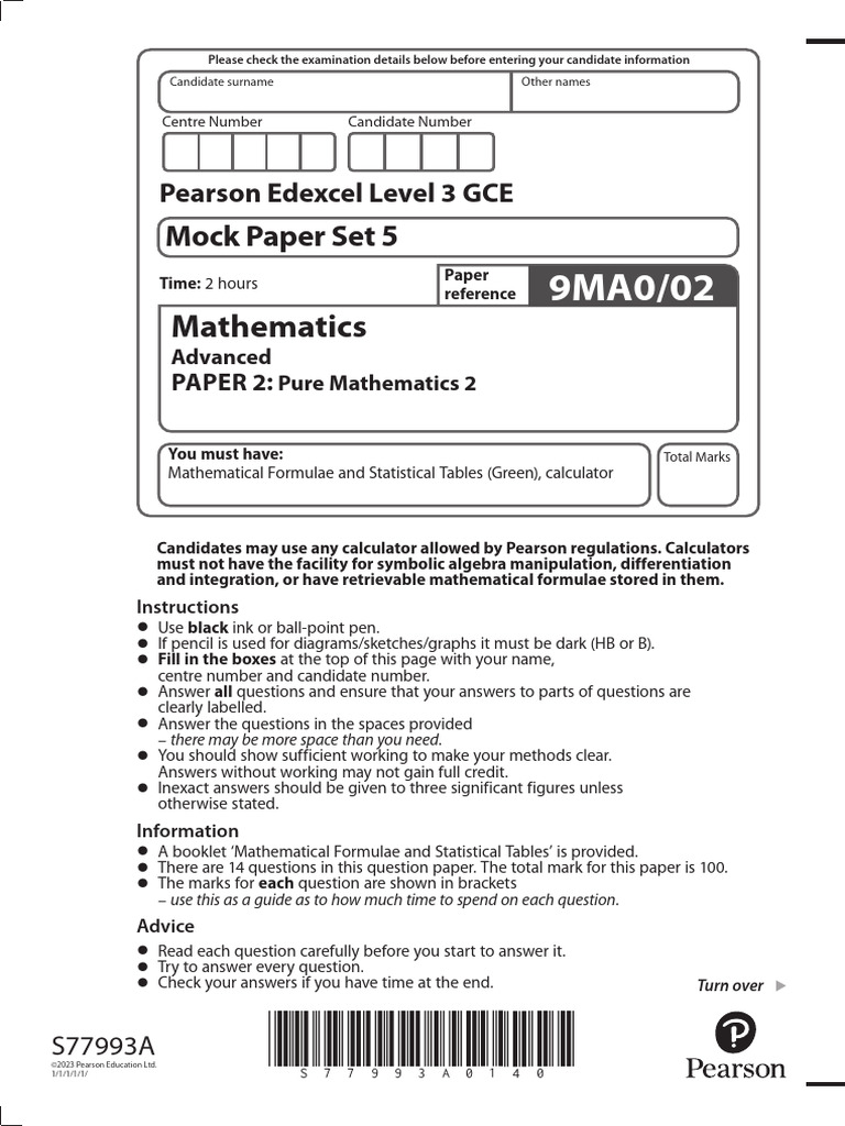 0s5 9MA0-02 Pure 2 - Mock Set 5 Question Paper (PD - 240418 - 093110 | PDF | Mathematics ...