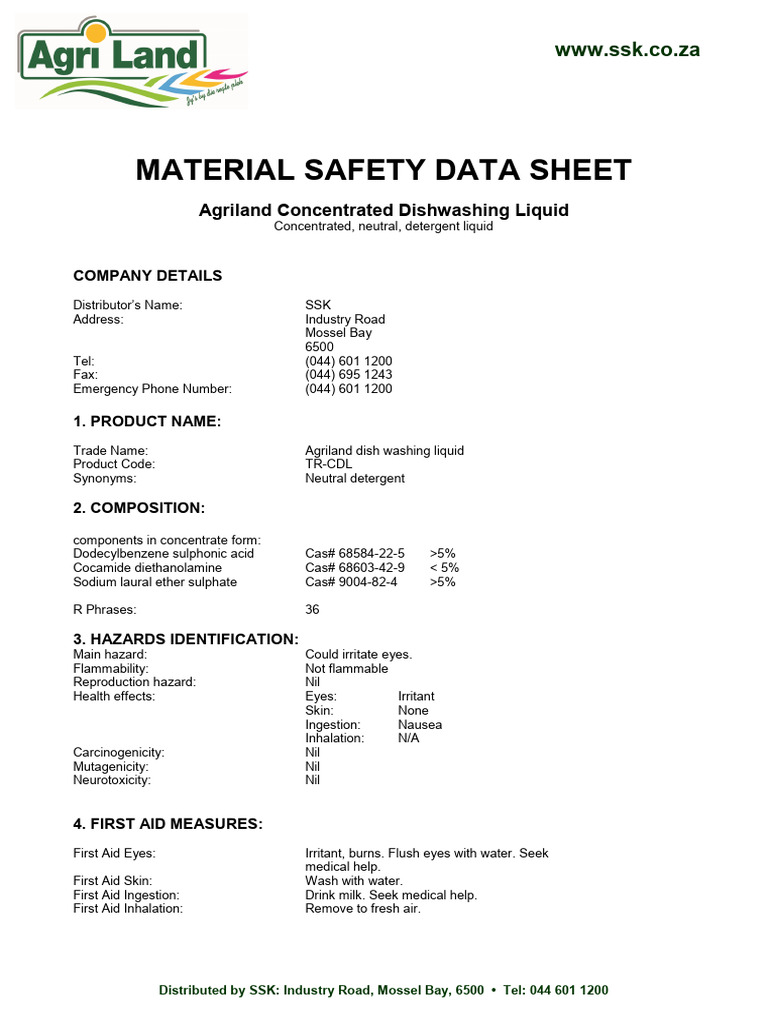 Agriland Concentrated Dishwashing Liquid MSDS | PDF | Toxicity | Chemistry
