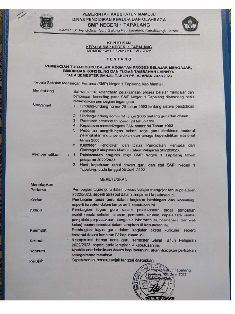 SK Pembagian Jam Mengajar (Reni) | PDF