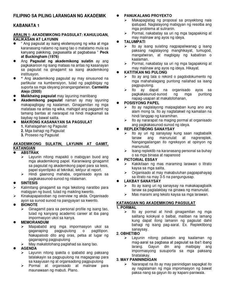 FILIPINO SA PILING LARANGAN NG AKADEMIK REVIEWER | PDF