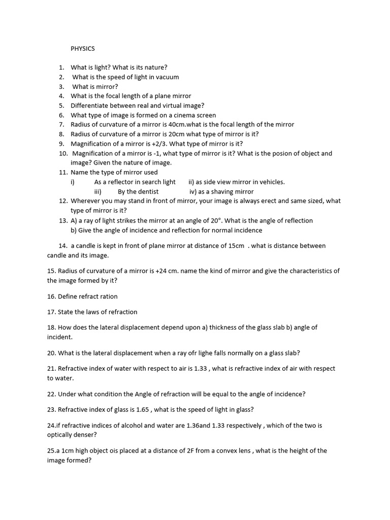 PHYSICS | PDF | Mirror | Refractive Index