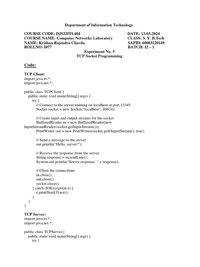 Krishna - Chavda - I077 - 60003220149 - CN - Experiment 5 | PDF | Network Socket ...