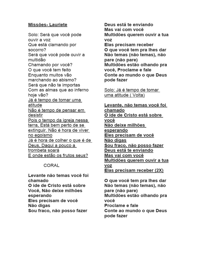 Letra do Hino "Missões" de Lauriete | PDF