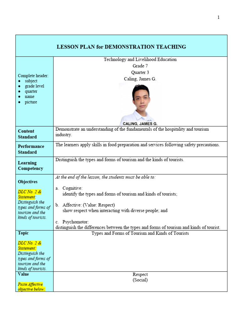 Caling Demo Teaching Lesson Plan No FB Column | PDF | Tourism | Learning