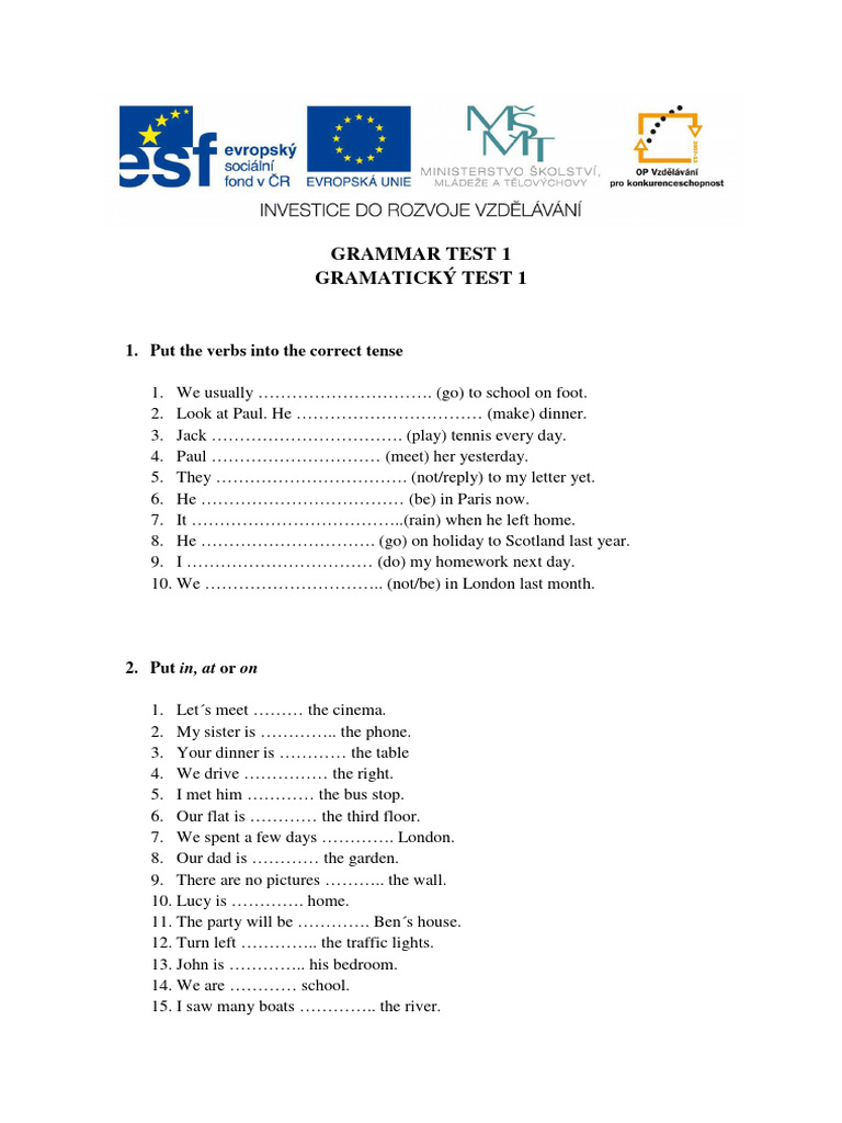 English Grammar Test Exercises | PDF | Linguistic Typology | Language ...