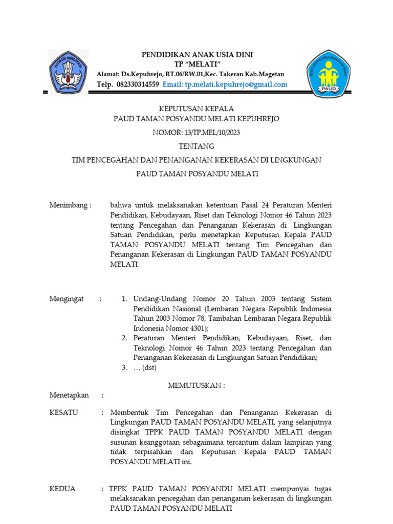 Tim Cegah Kekerasan PAUD Melati | PDF