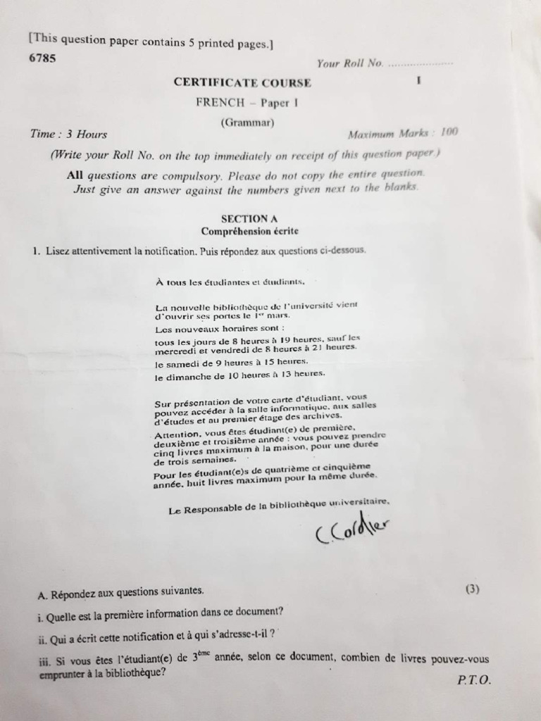 French Question Papers Delhi University | PDF