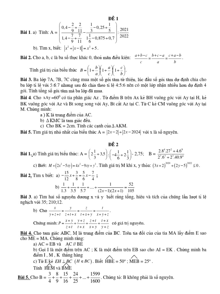 4 ĐỀ TỰ LUYÊN CHO HSG. THI TOÁN Lớp 7 | PDF