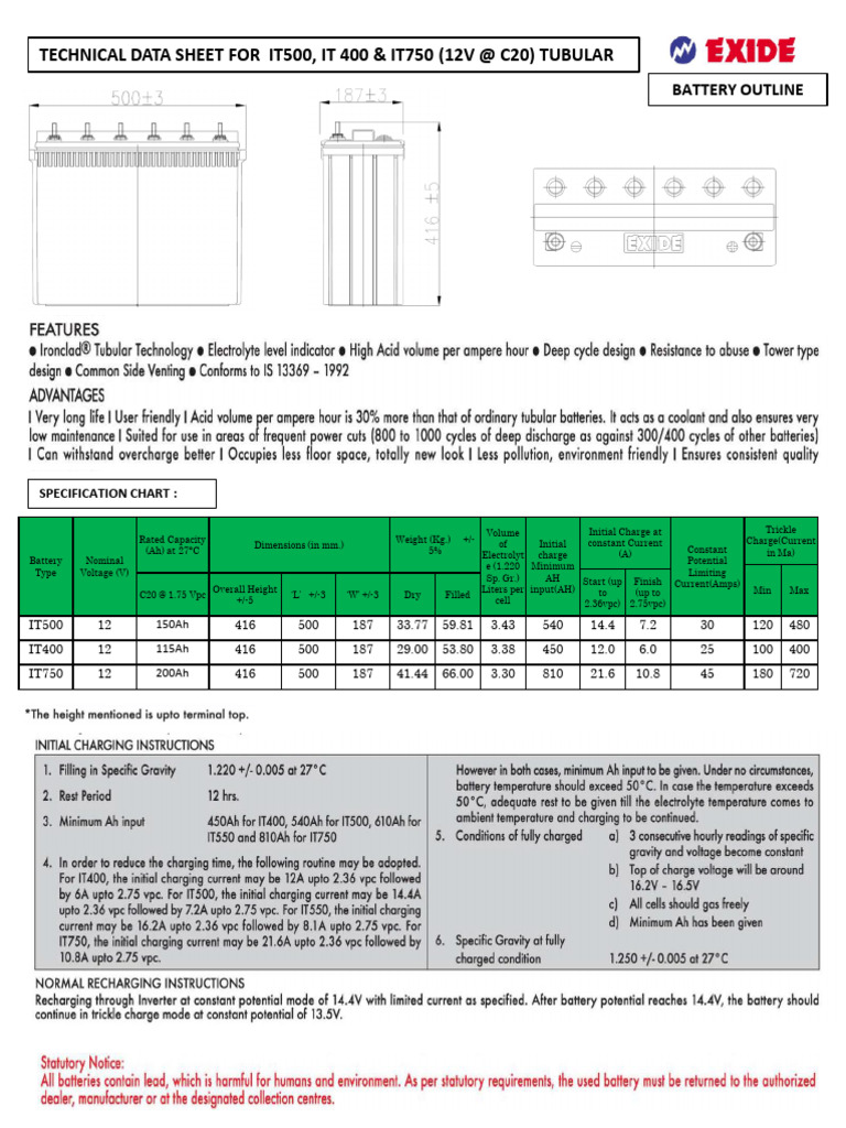 IT750 Battery Technical Specifications | PDF | Electronics | Electric Power