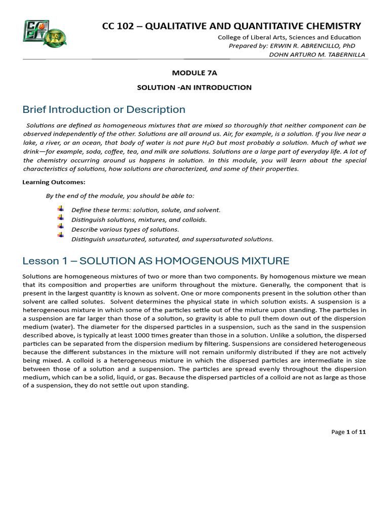 _ofjoqvmfa_CC102-MODULE-7A-Intro-to-Solution | PDF | Mixture | Solubility