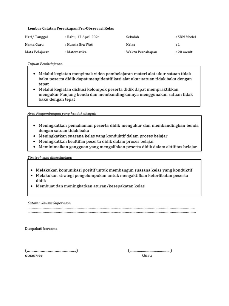 1 - Lembar Catatan Percakapan Pra-Observasi Kelas | PDF