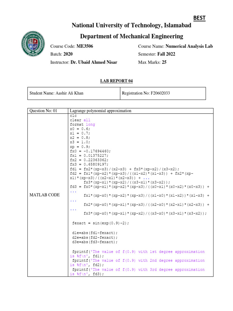 Experiment 4 - Lagrange Polynomial Approximation | PDF | Applied Mathematics | Computational Science