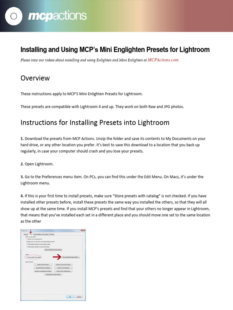 Installing and Using MCP’s Mini Englighten Presets for Lightroom | PDF | Computing | Software