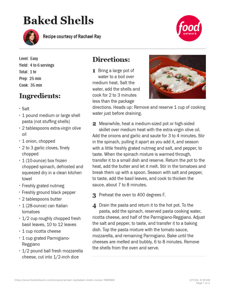Baked Shells Recipe - Rachael Ray - Food Network | PDF | Pasta | Asian ...