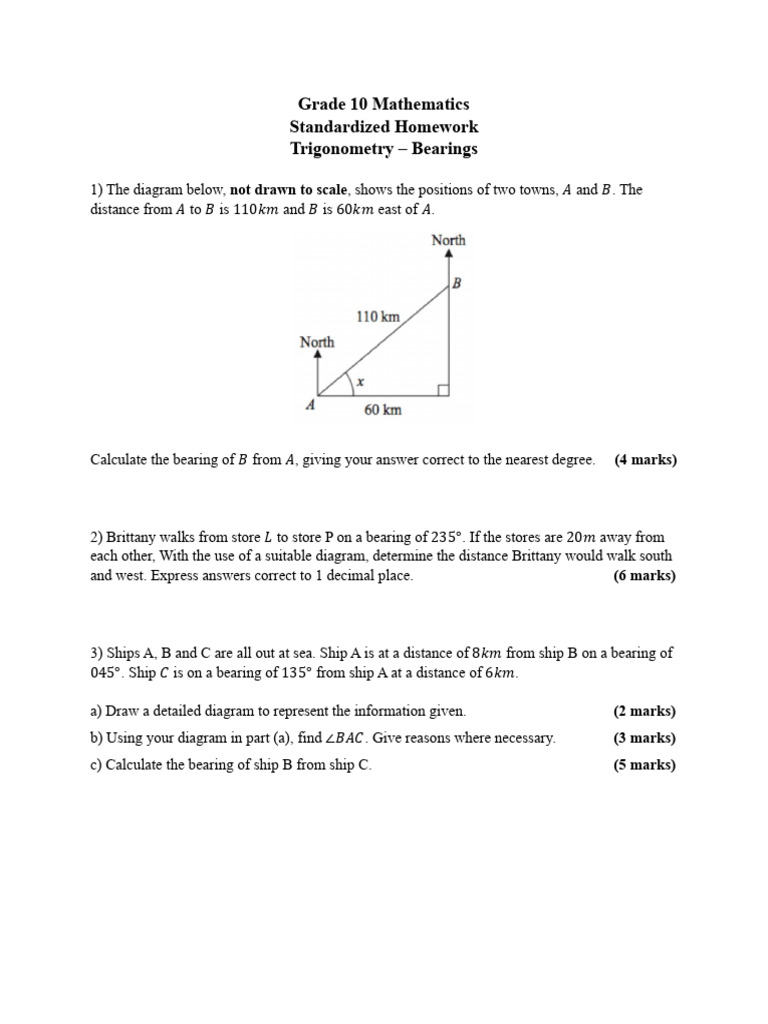 Grade 10 Trigonometry Bearings Homework | PDF